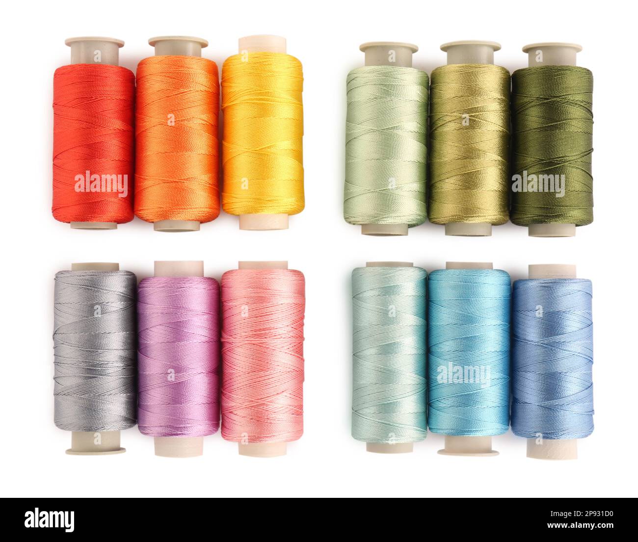 Set of colorful sewing threads on white background, top view Stock ...