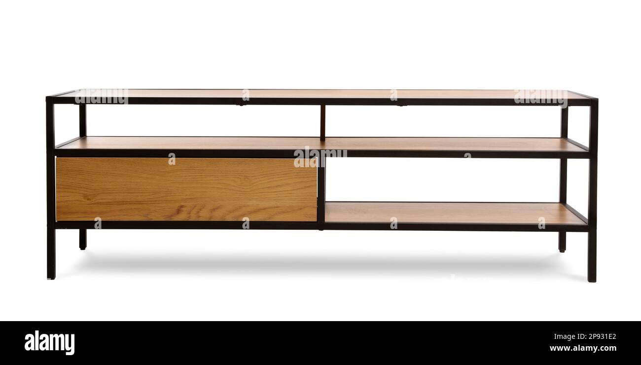 Stylish empty wooden cabinet isolated on white Stock Photo - Alamy