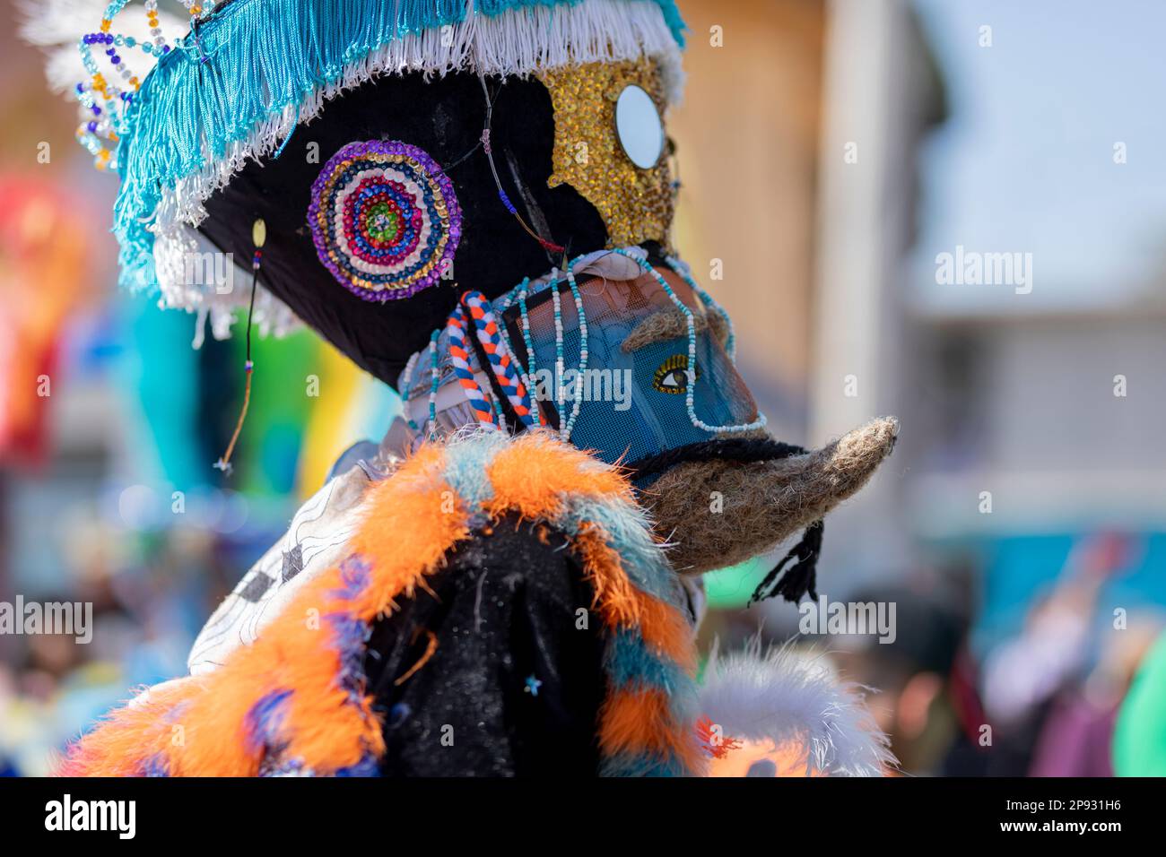 Approach to the mask of a chinelo that is dancing in a carnival of the ...
