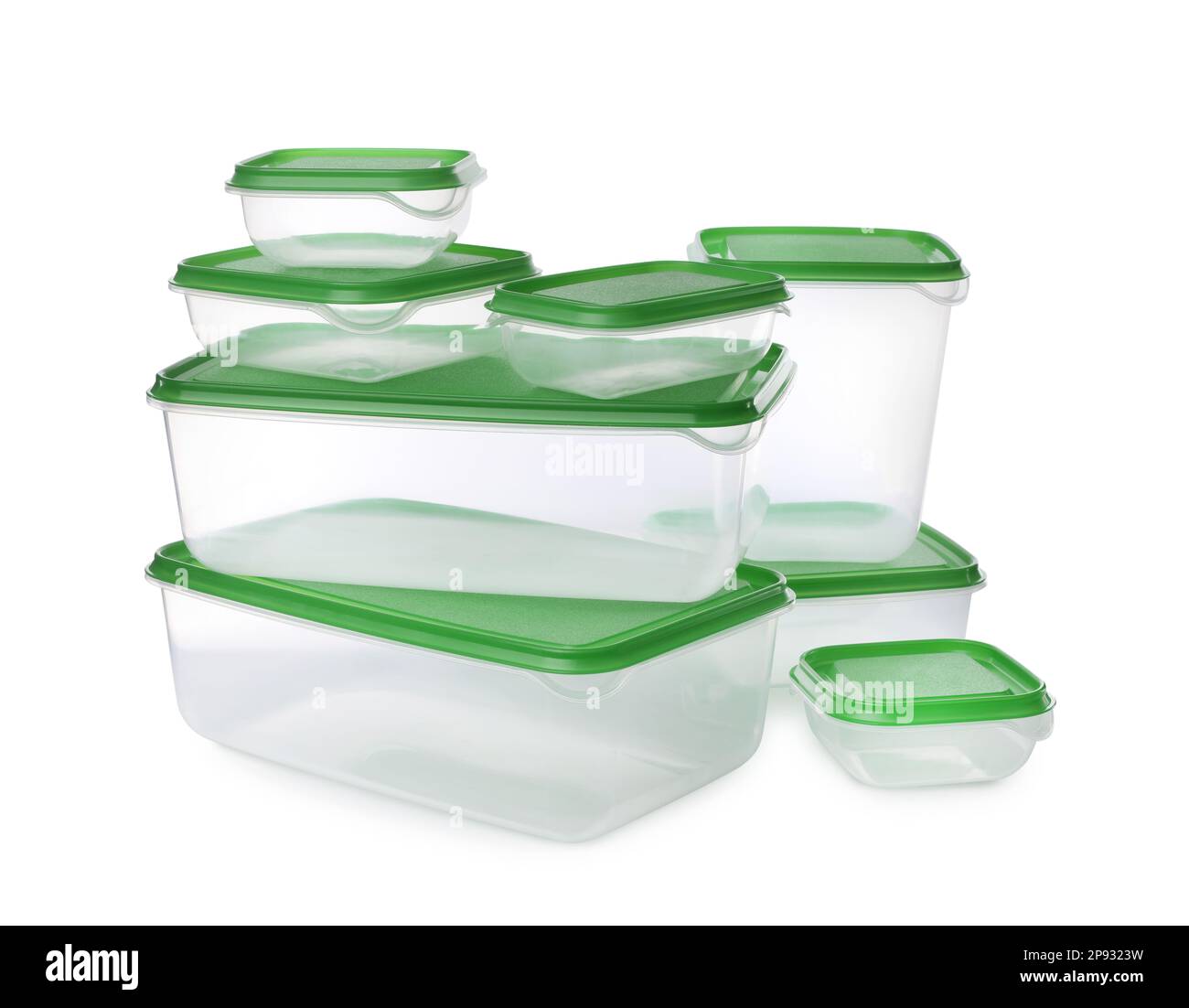 Set of empty plastic containers for food on white background Stock ...