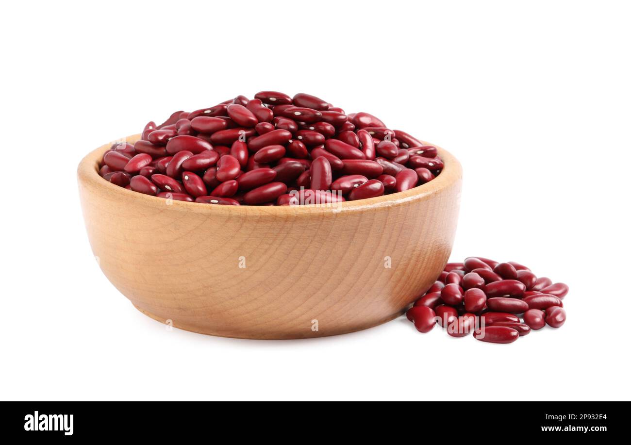 Raw red kidney beans and wooden bowl isolated on white Stock Photo - Alamy