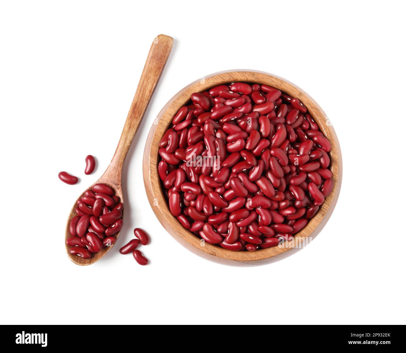 Raw red kidney beans with wooden bowl and spoon isolated on white, top ...