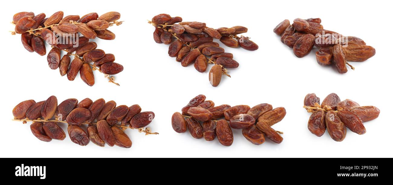 Set with sweet dried dates on white background. Banner design Stock ...