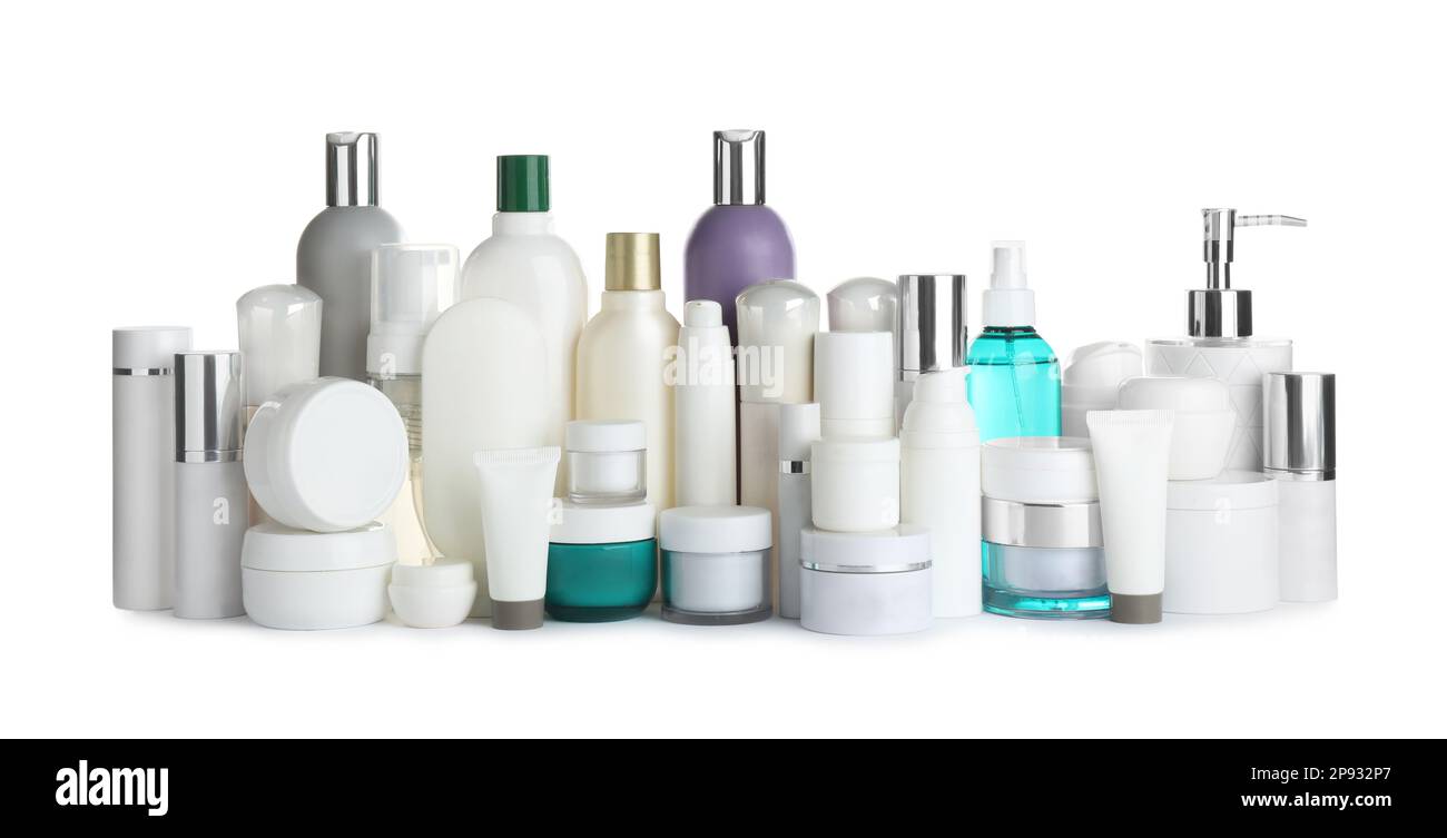 Many different cosmetic products on white background Stock Photo - Alamy