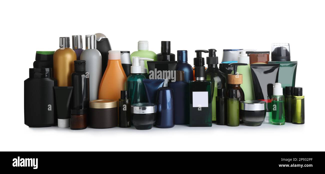 Many different cosmetic products on white background Stock Photo - Alamy