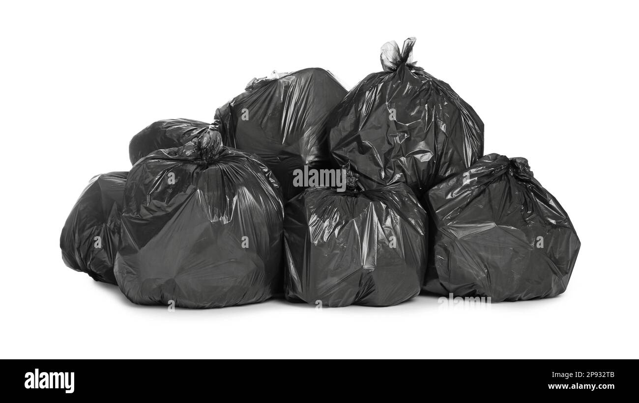 Black trash bags filled with garbage on white background Stock Photo ...