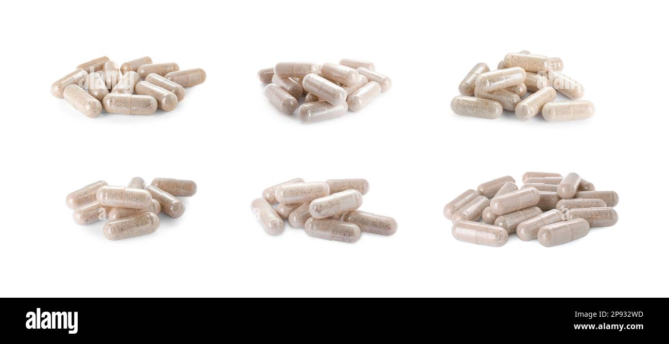 Transparent gelatin capsules on white background, collage. Banner ...