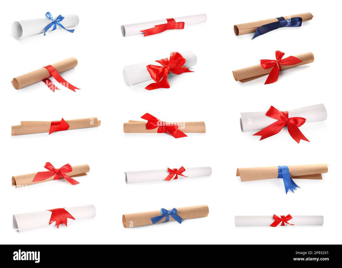 Rolled student's diplomas with blue and red ribbons on white background ...