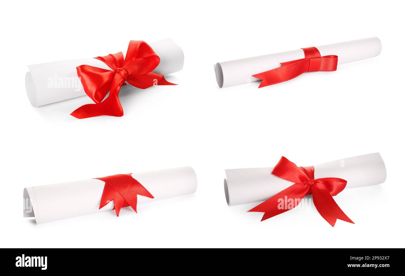 Rolled student's diplomas with red ribbons on white background, collage ...