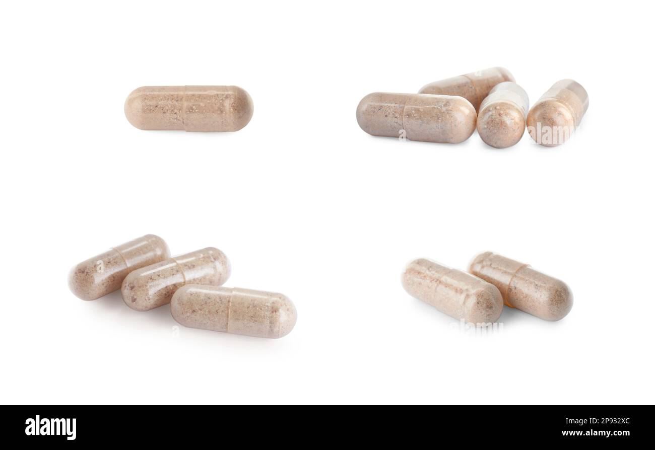 Transparent gelatin capsules on white background, collage Stock Photo ...
