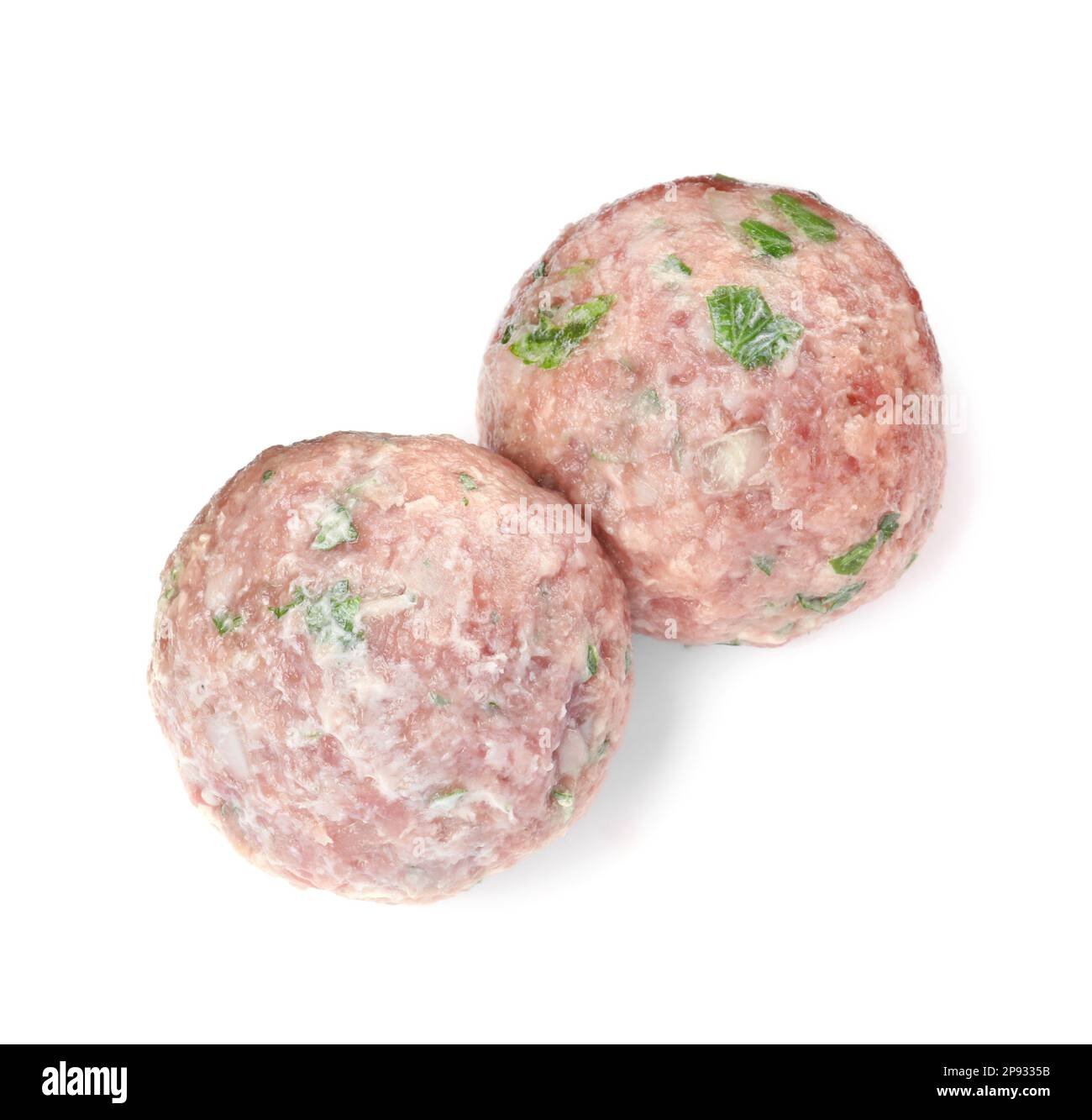 Two fresh raw meatballs isolated on white, top view Stock Photo - Alamy