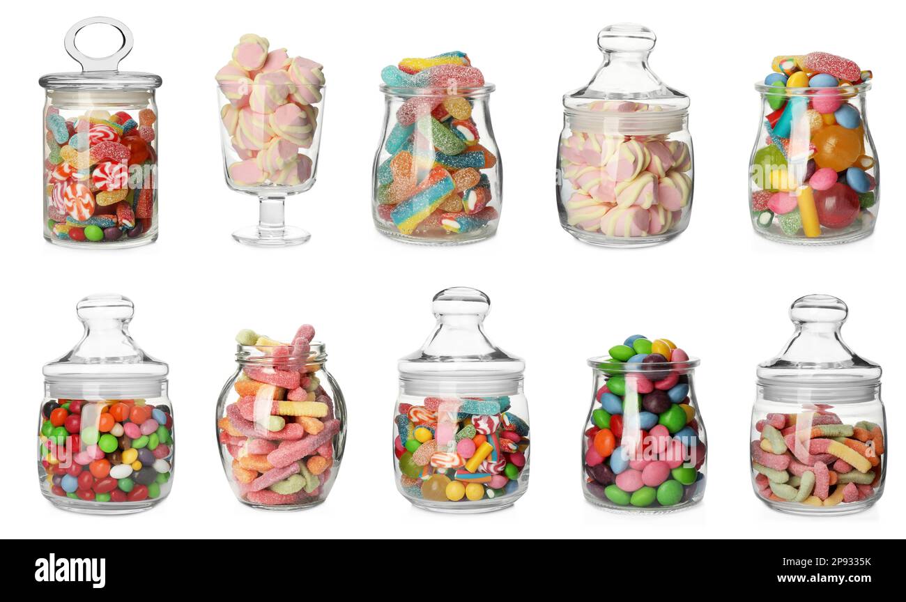 Glass jars with different candies on white background, collage Stock ...