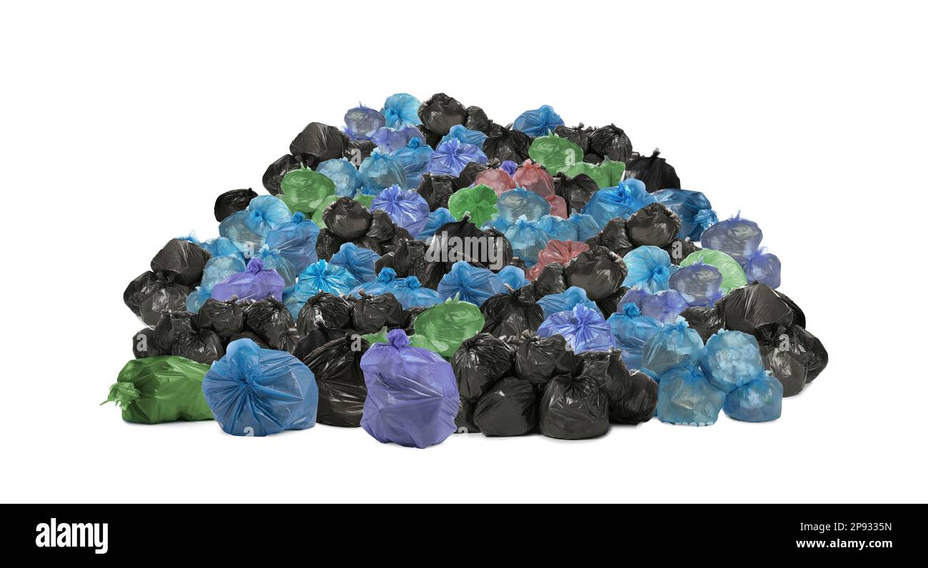 Big heap of trash bags with garbage on white background Stock Photo - Alamy