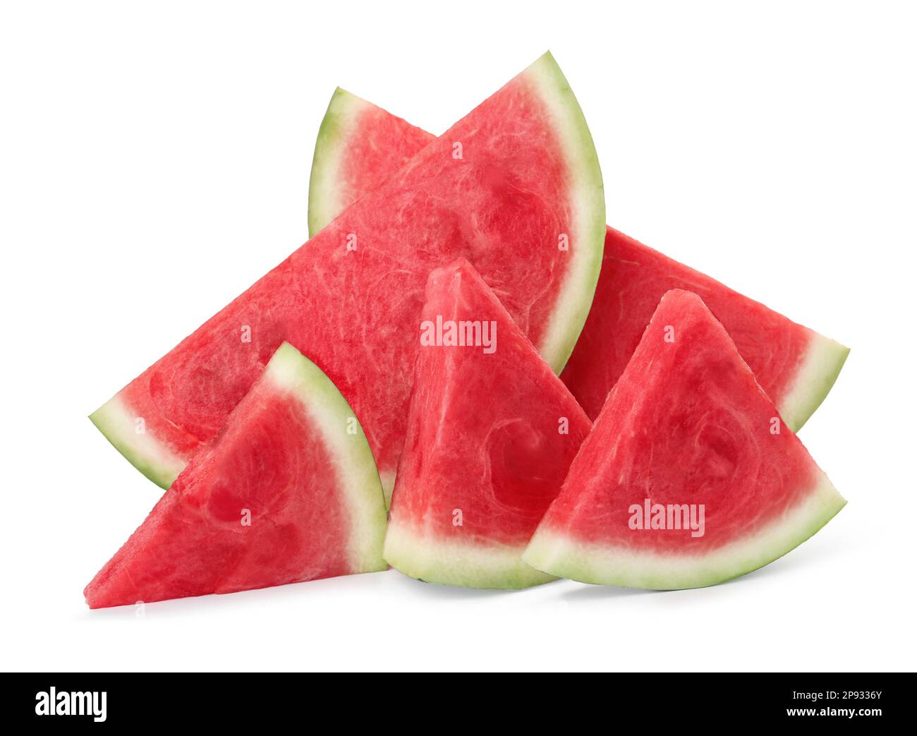 Slices of delicious ripe seedless watermelon on white background Stock ...