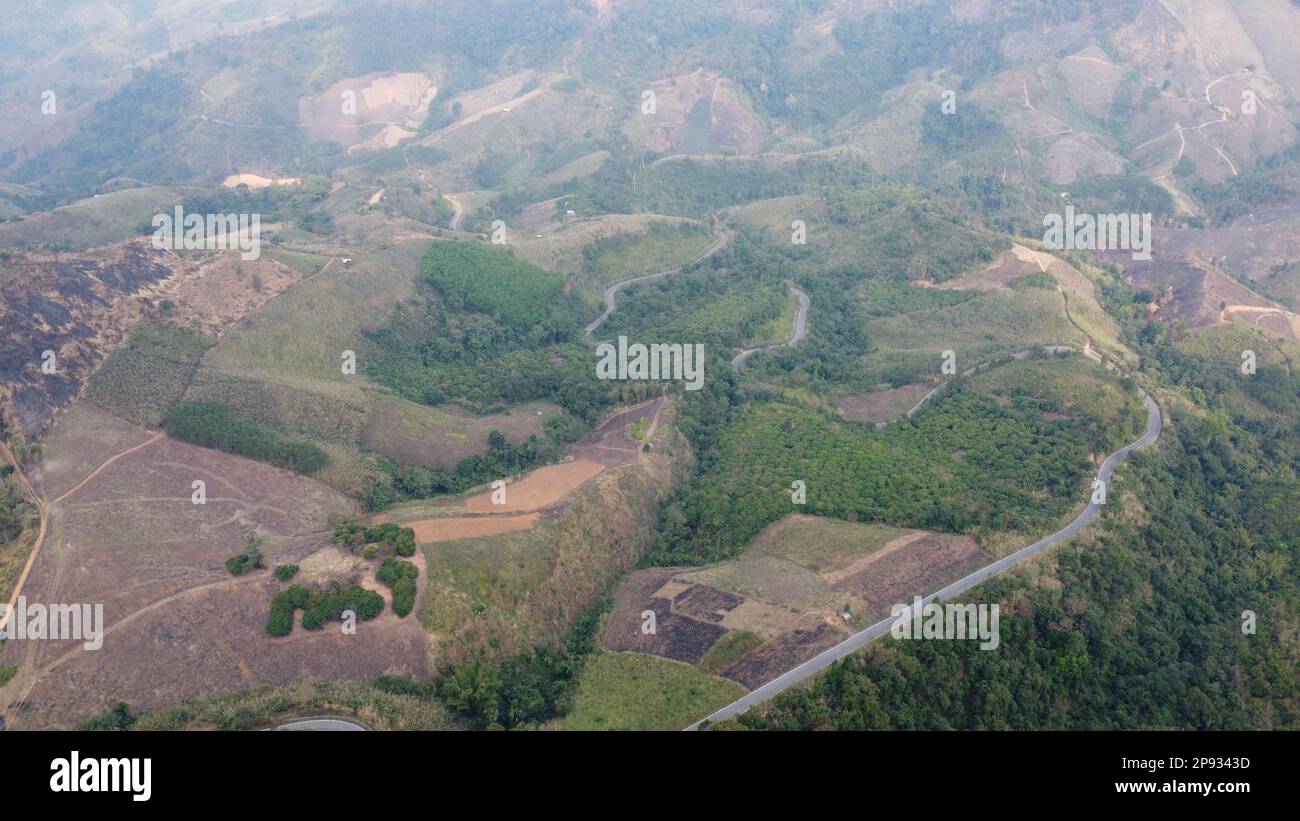 Mountain destroyed by human for cultivate plants. Aerial view of ...