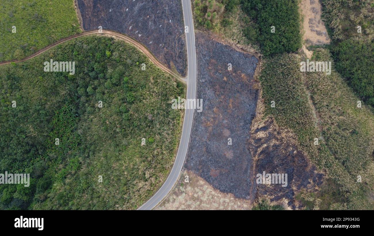 Mountain destroyed by human for cultivate plants. Aerial view of ...