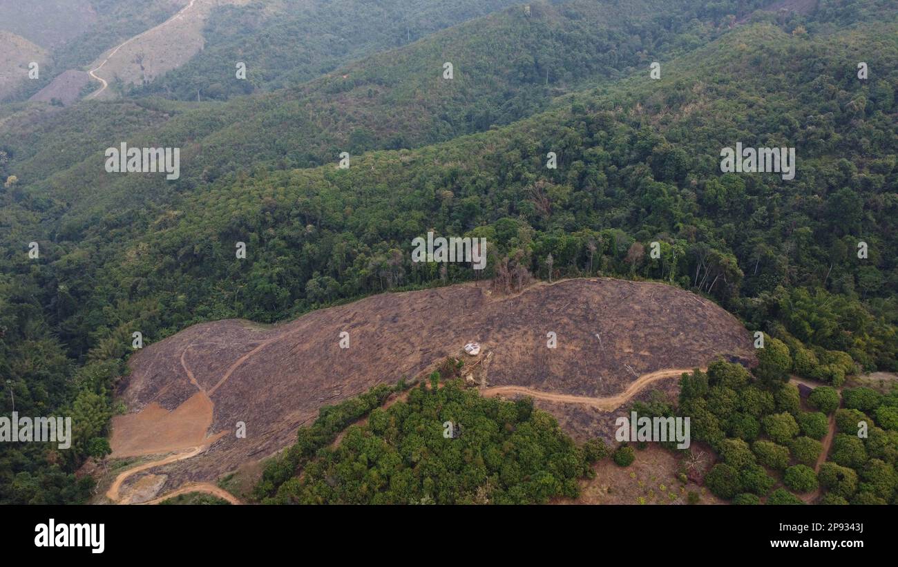 Mountain destroyed by human for cultivate plants. Aerial view of ...