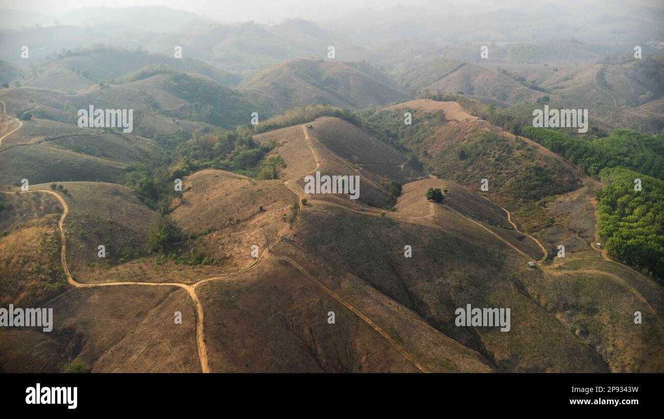 Mountain destroyed by human for cultivate plants. Aerial view of ...