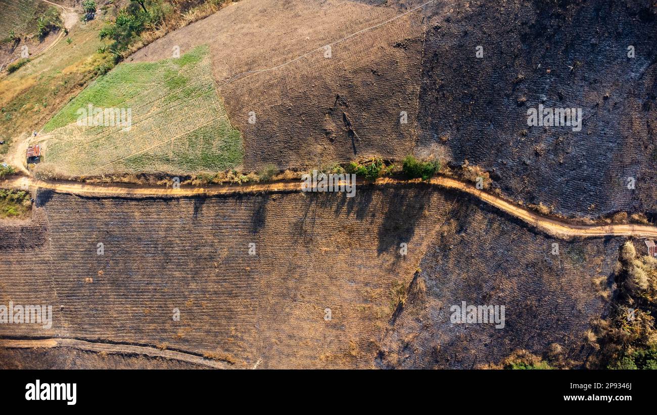 Mountain destroyed by human for cultivate plants. Aerial view of ...