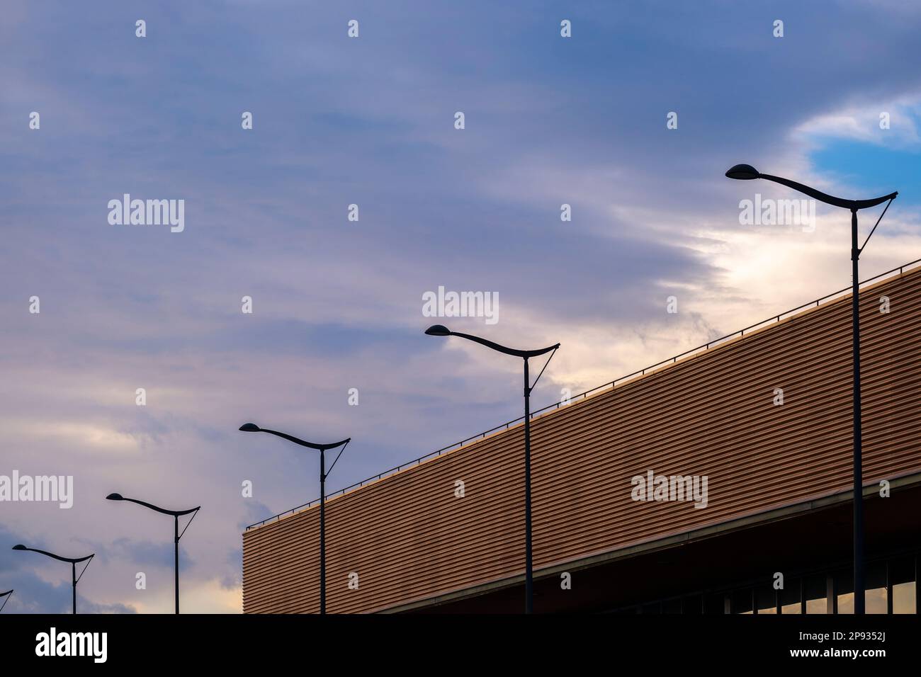 Cityscape with architectural detail and lighting street lamps with a ...