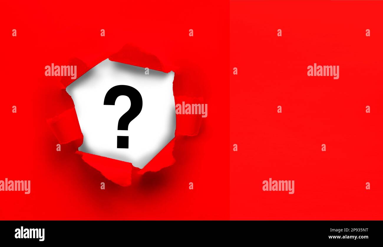 White hole in red paper with question mark Stock Photo - Alamy