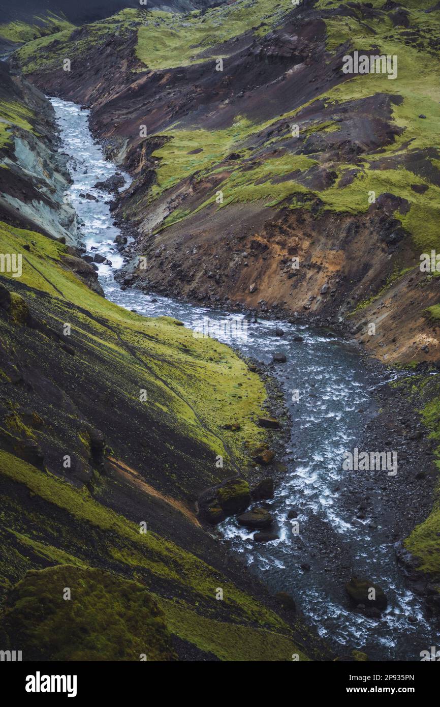 Iceland landscape of highland valley and river Fossa with blue water ...