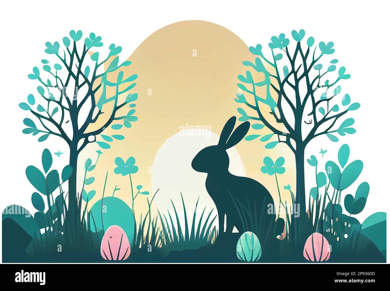 vector illustration of bunny with easter eggs in spring nature outdoors ...