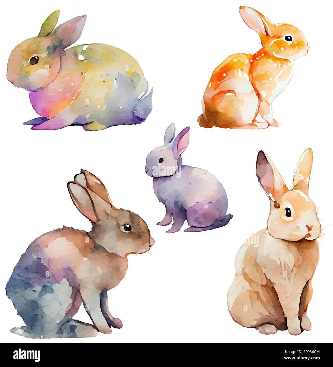 set vector illustration of watercolor rabbit on white isotate ...