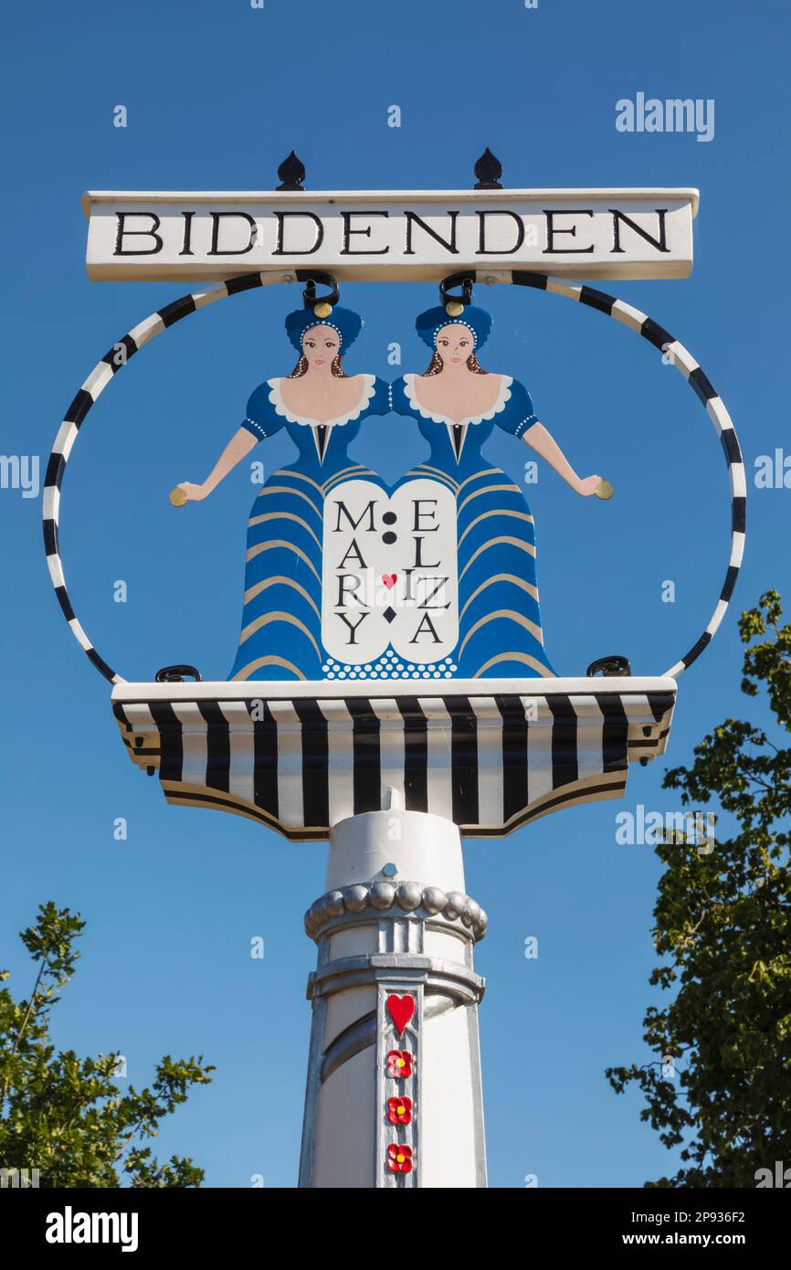 England, Kent, Biddenden, The Wrought-iron Village Sign showing Mary ...