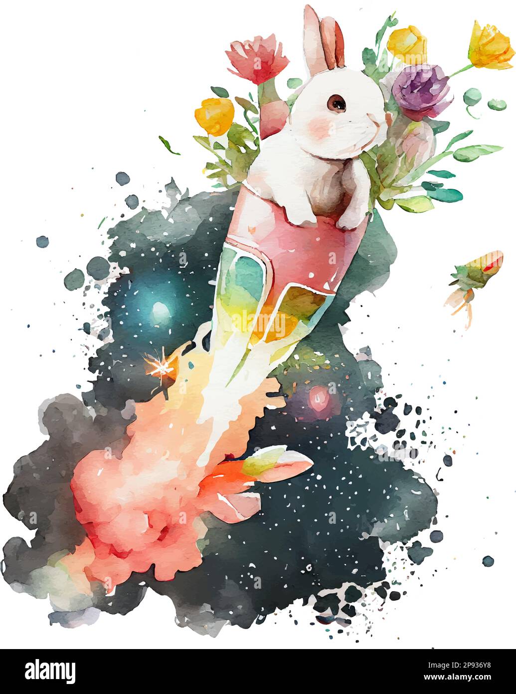 vector illustration of watercolor rabbit flying on rocket on white ...