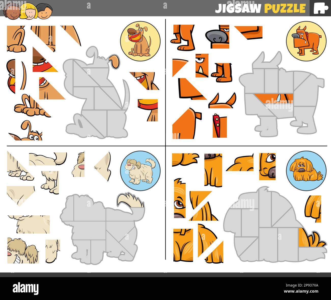 Cartoon illustration of educational jigsaw puzzle games set with funny ...