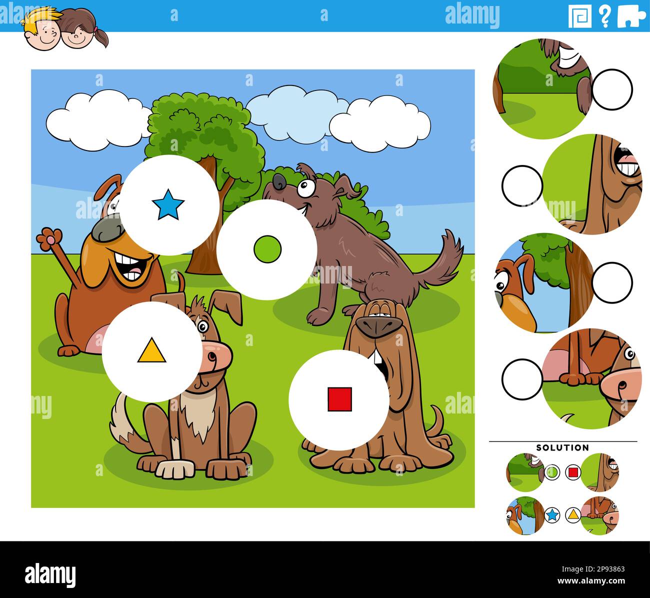 Cartoon illustration of educational match the pieces jigsaw puzzle game ...