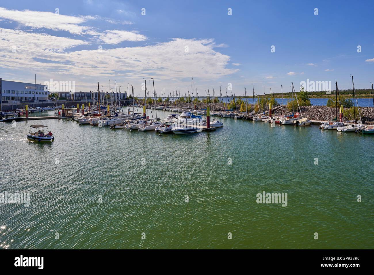 Marina at Lake Zwenkau, the largest lake in the Leipziger Neuseenland ...