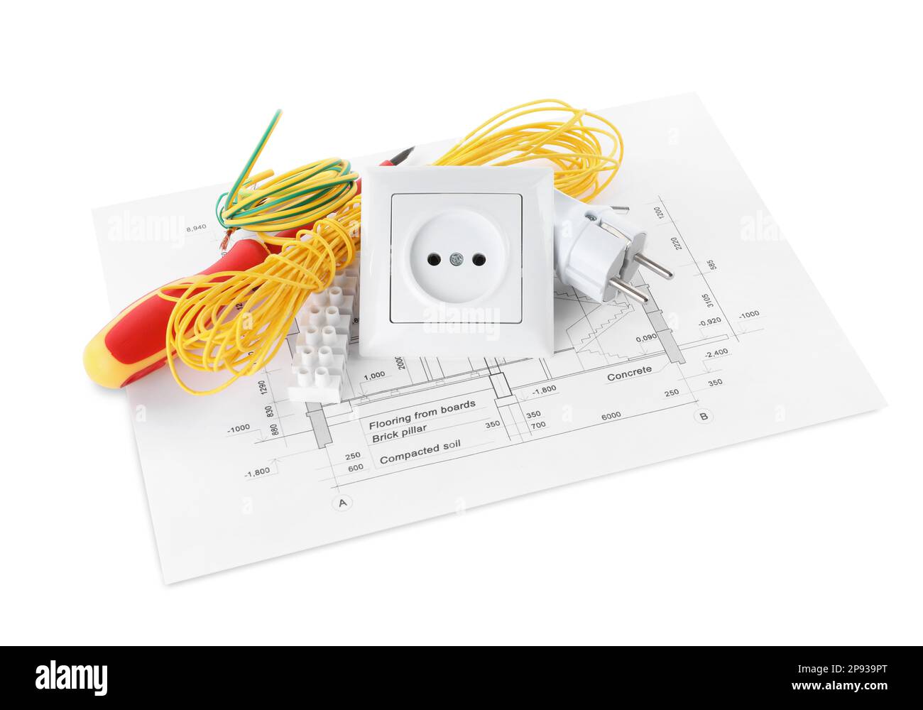 Set of electrician's accessories on white background Stock Photo - Alamy