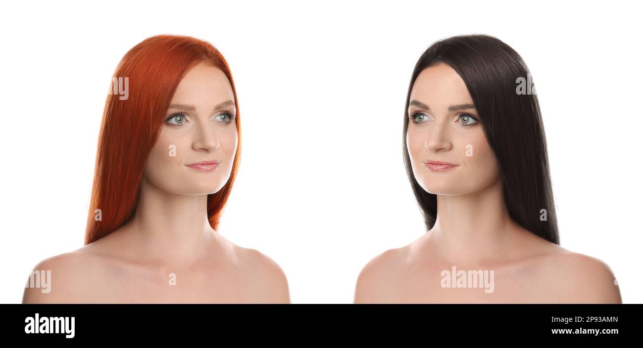 Beautiful young woman before and after hair dyeing on white background ...