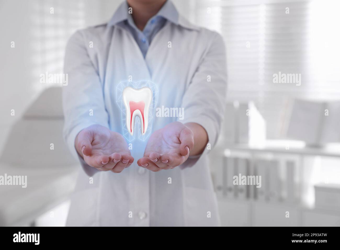 Dentist showing virtual model of tooth in clinic, closeup Stock Photo ...