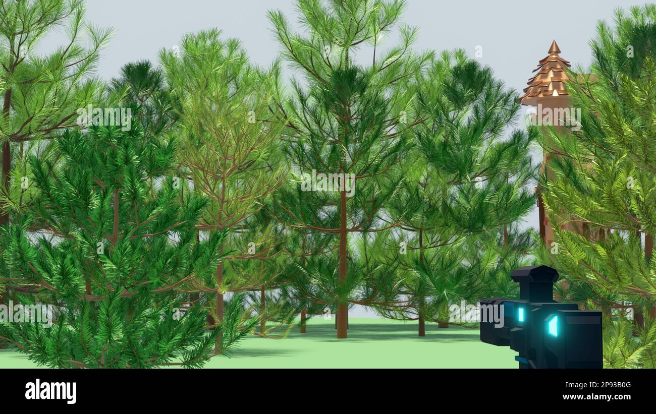 Action video game, illustration. First-person view of weapon in virtual ...