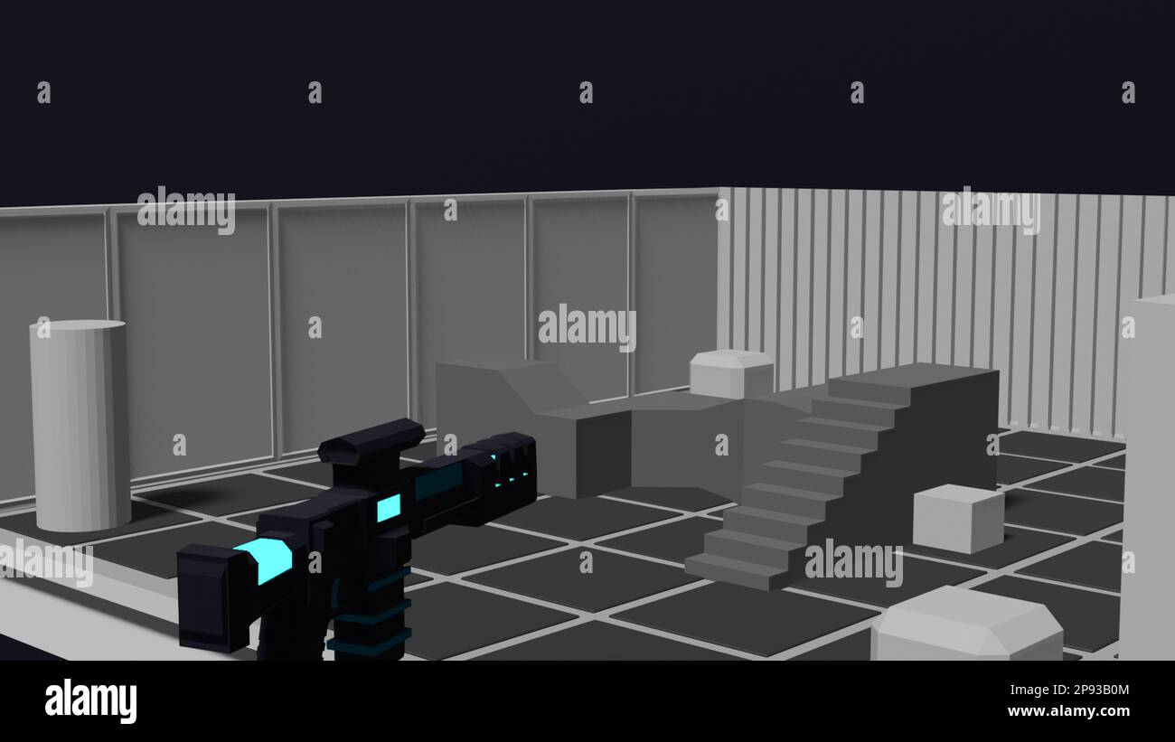 Action video game, illustration. First-person view of weapon in virtual ...
