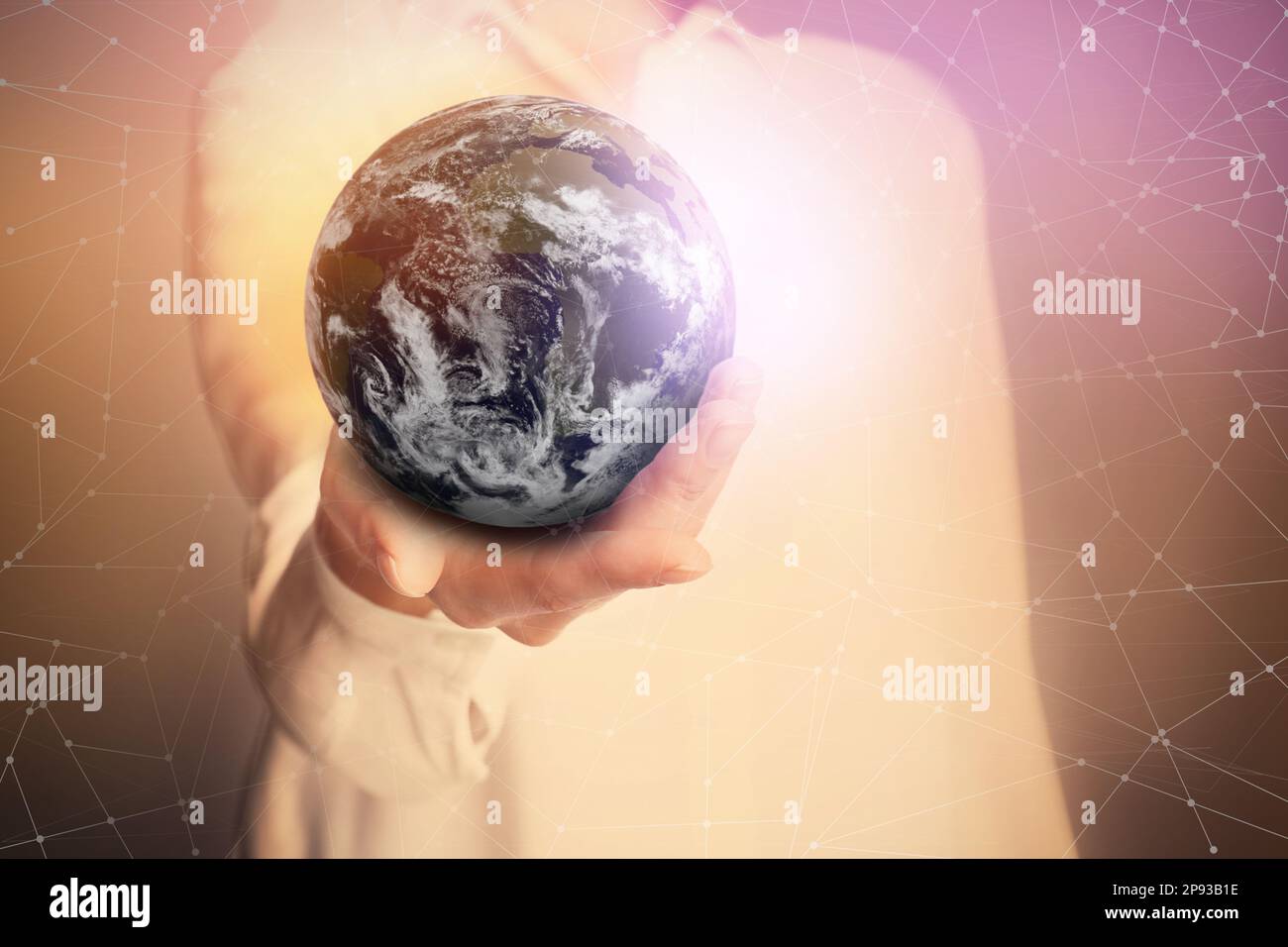World in our hands. Woman holding digital model of Earth, closeup view ...