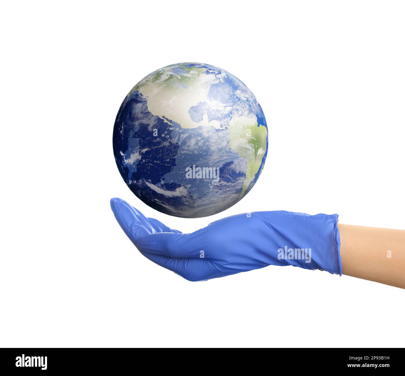 World in our hands. Woman holding digital model of Earth on white ...