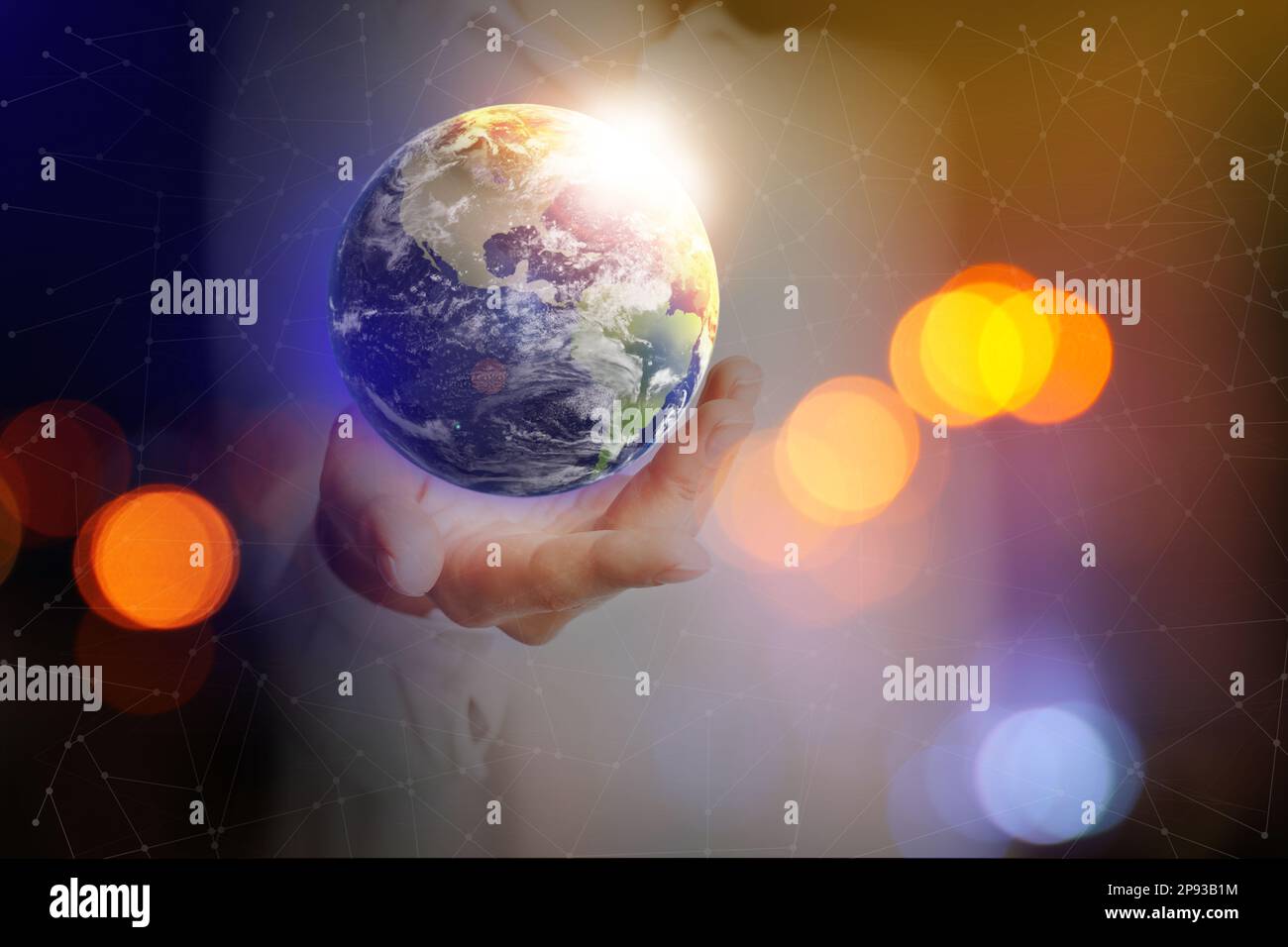 World in our hands. Woman holding digital model of Earth, closeup view ...