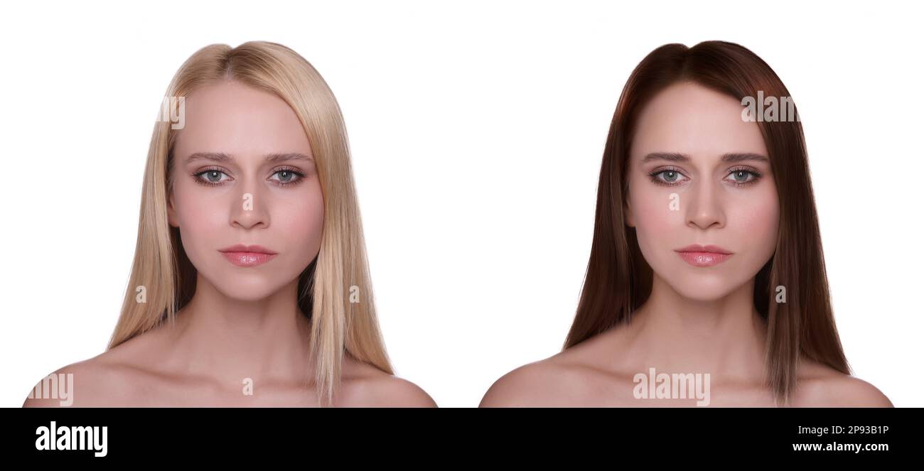 Beautiful young woman before and after hair dyeing on white background ...