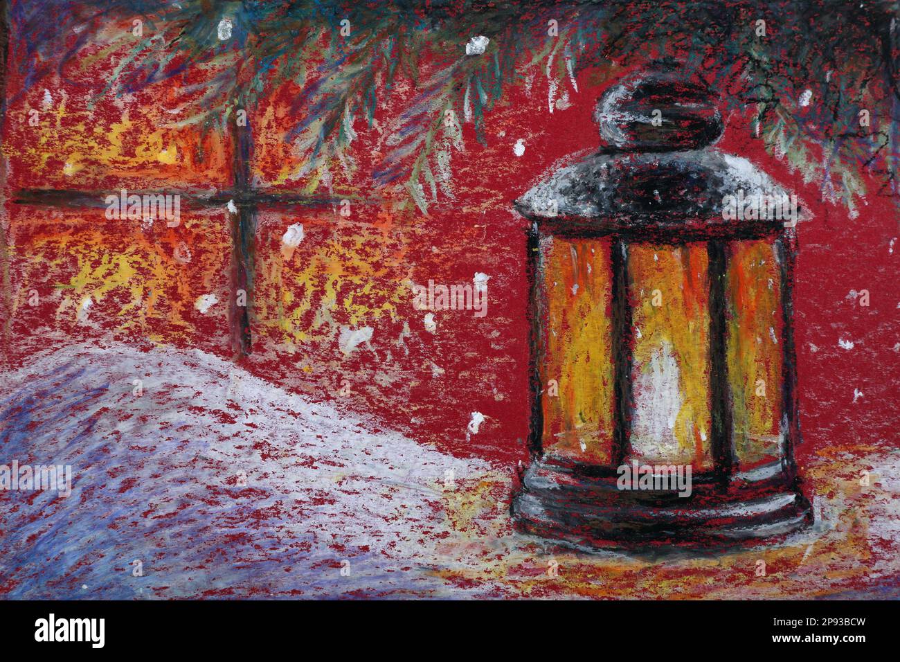 Pastel drawing of burning lantern on snow near window Stock Photo - Alamy