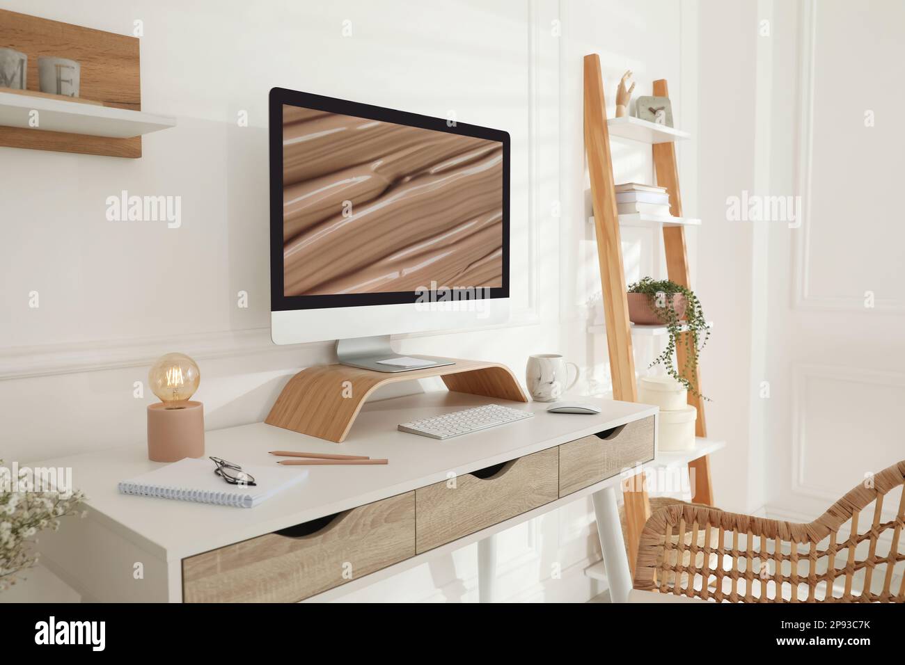 Comfortable workplace with modern computer and lamp in room. Interior ...