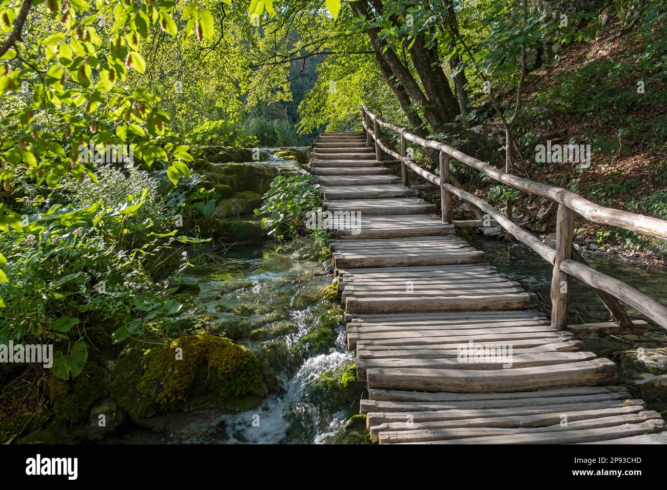 Wooden stairs in the Plitvice Lakes National Park in Lika-Senj County ...