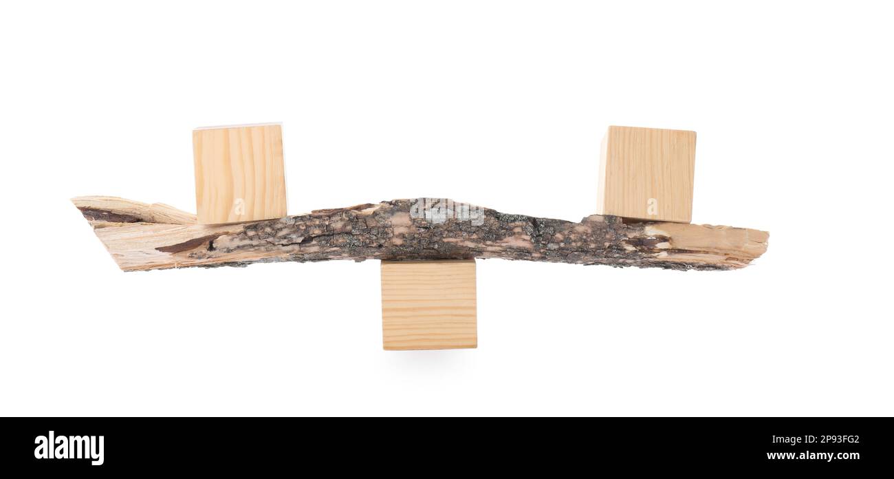 Tree branch with wooden cubes on white background. Harmony and balance ...