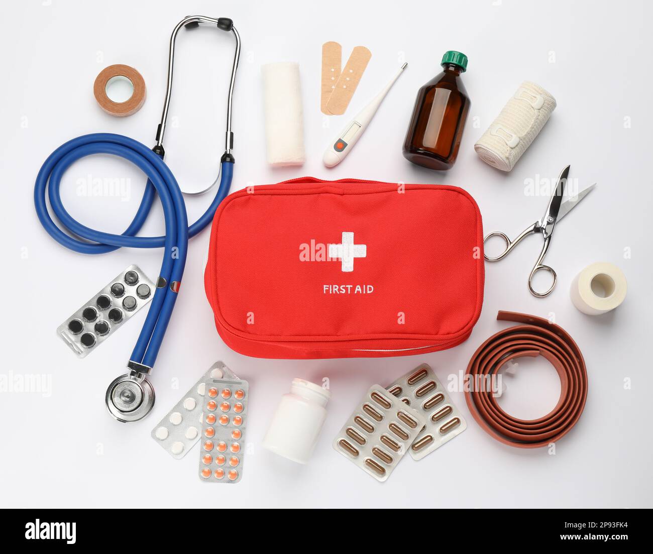 Flat lay composition with first aid kit on white background Stock Photo ...