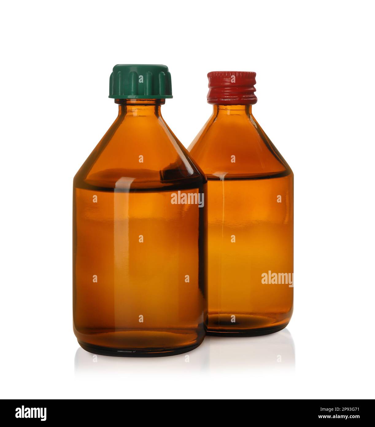 Glass bottles of medical alcohol isolated on white. First aid item ...