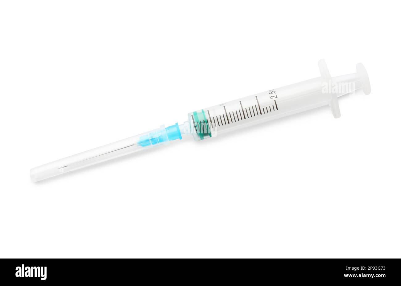 Disposable syringe with needle isolated on white, top view Stock Photo ...