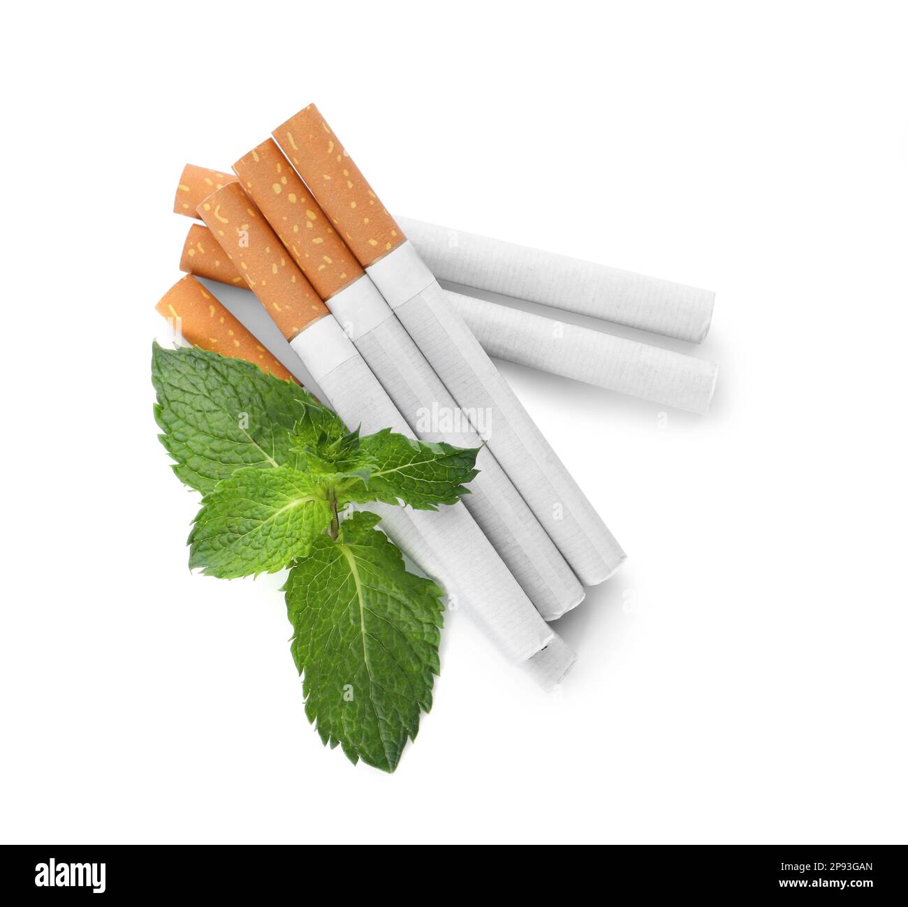 Menthol cigarettes and fresh mint leaves on white background, flat lay ...